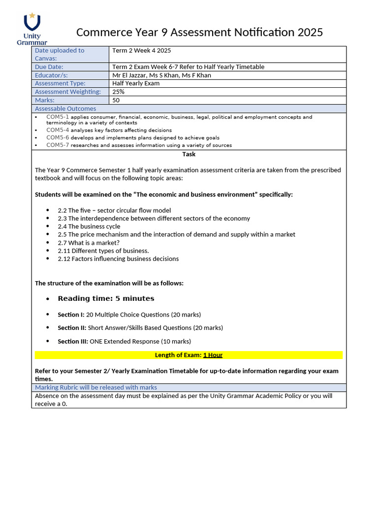 Year 9 Commerce Half Yearly Exam 2025 | PDF