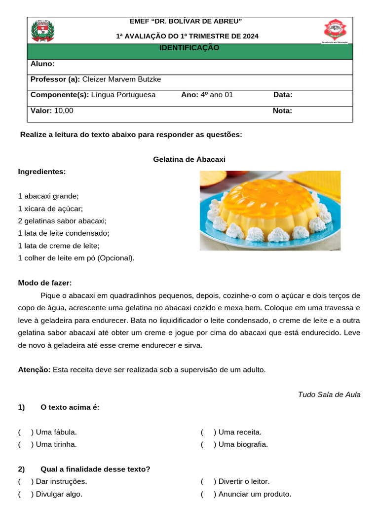 Prova Língua Portuguesa | PDF | Creme (gastronomia)