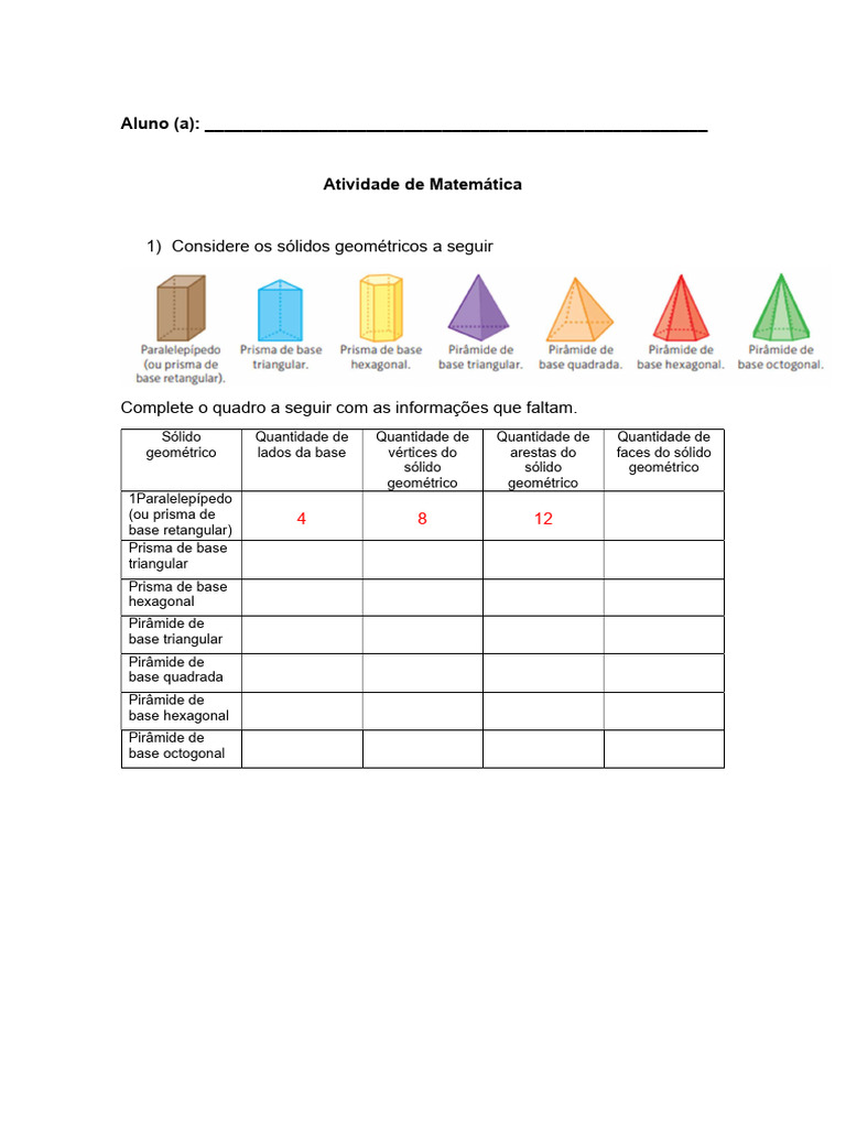 Atividade sobre Sólidos Geométricos | PDF | Triângulo | Vértice (Geometria)