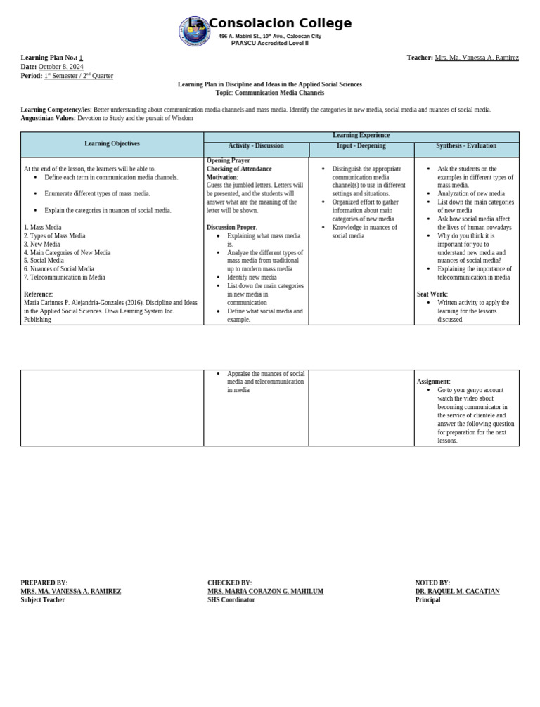Learning Plan in Diass Mrs Ramirez | PDF | Communication | Cognitive Science