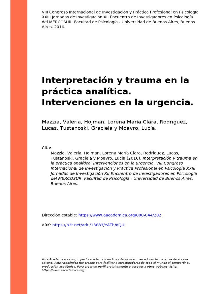 Mazzia, Valeria, Hojman, Lorena MarÃ (... ) (2016) - InterpretaciÃ N y Trauma en La Prã¡ctica ...