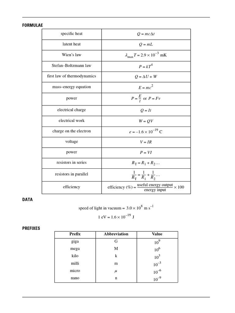 2018 Unit 1 Physics Data Sheet | PDF | Chlorine | Electronvolt