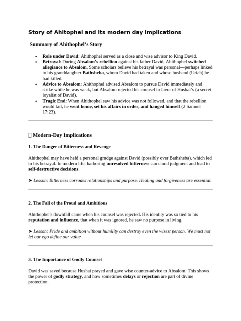 Ahithophel: Lessons in Betrayal and Wisdom | PDF
