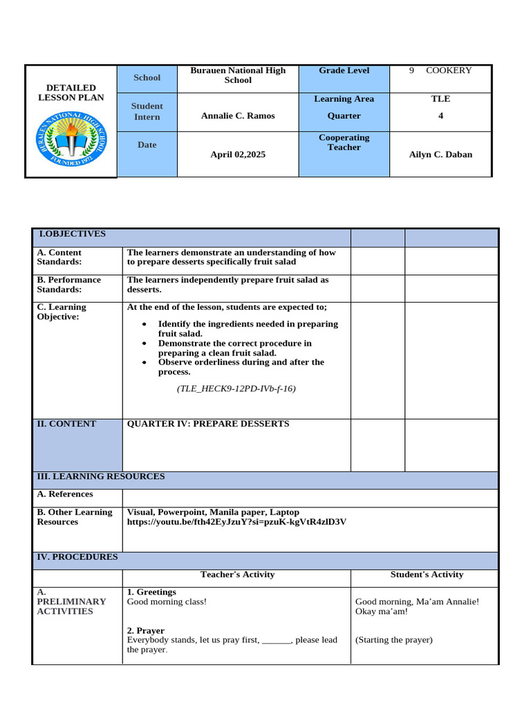 Fruit Salad Preparation Lesson Plan | PDF | Desserts | Nutrition