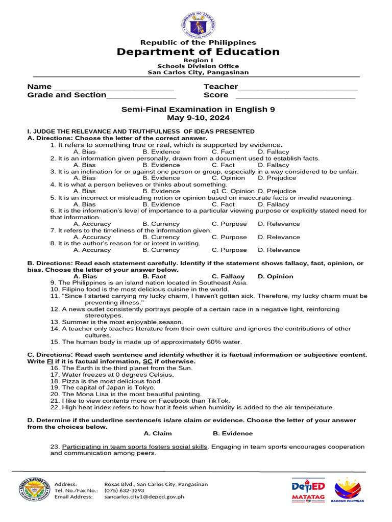 g9 4th Quarter Exam Final | PDF | Bias | Fallacy