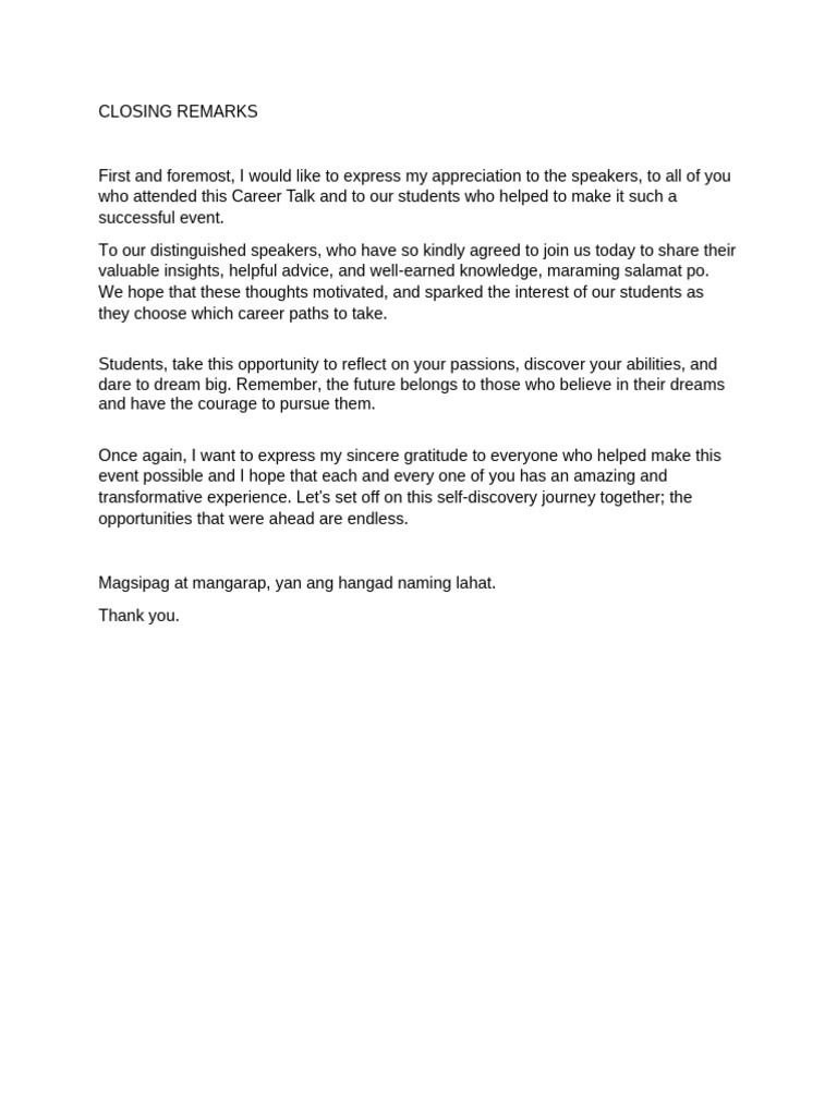 Closing Remarks Career Talk | PDF