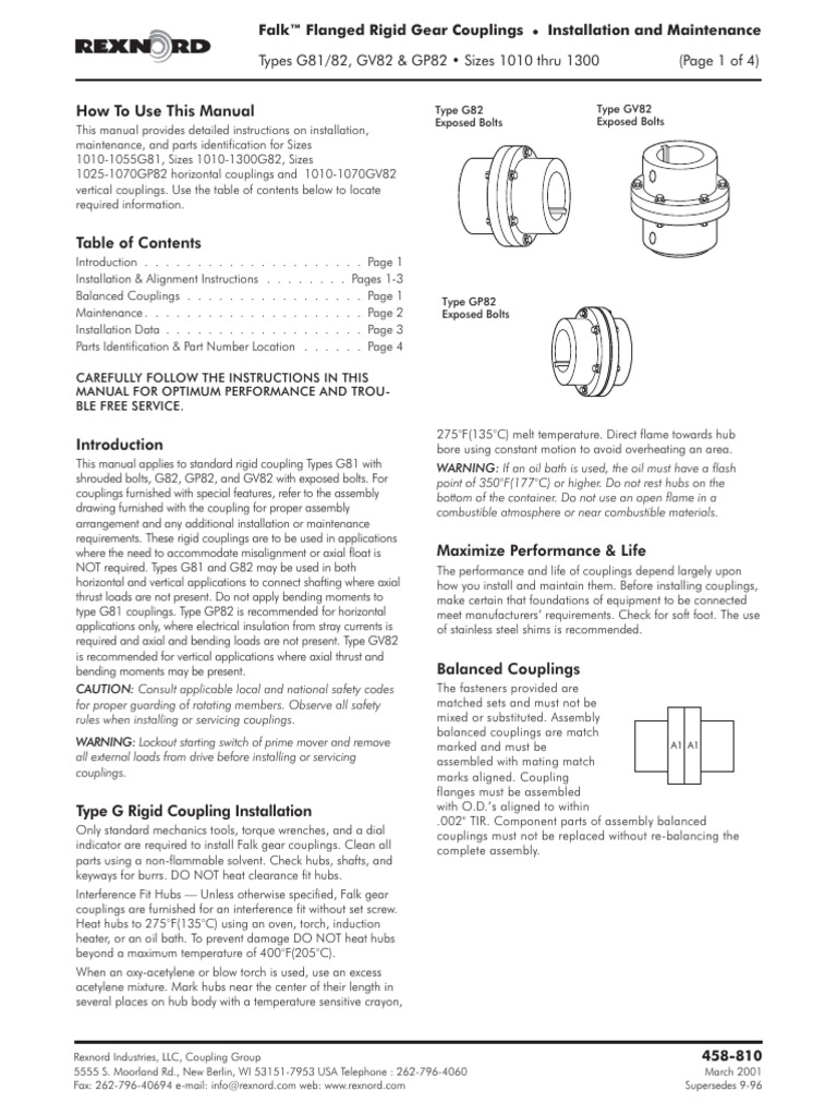 458 810 Falk Lifelign Type G81, G82, GV82, GP82, Sizes 1010 1300 Gear Couplings Installation ...