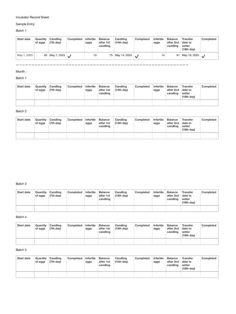 Incubator Egg Tracking Record Sheet | PDF | Egg