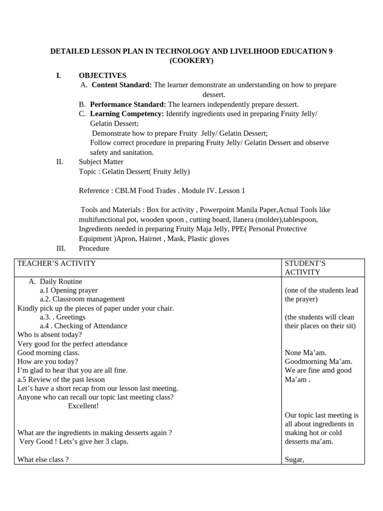 Lesson Plan: Fruity Jelly Dessert Prep | PDF | Desserts | Gelatin