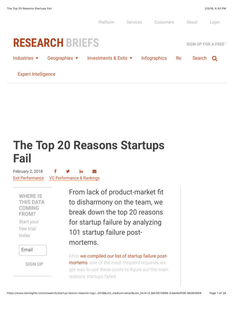 CB Insights Top 20 Startup Failures | PDF | Startup Company | Small ...