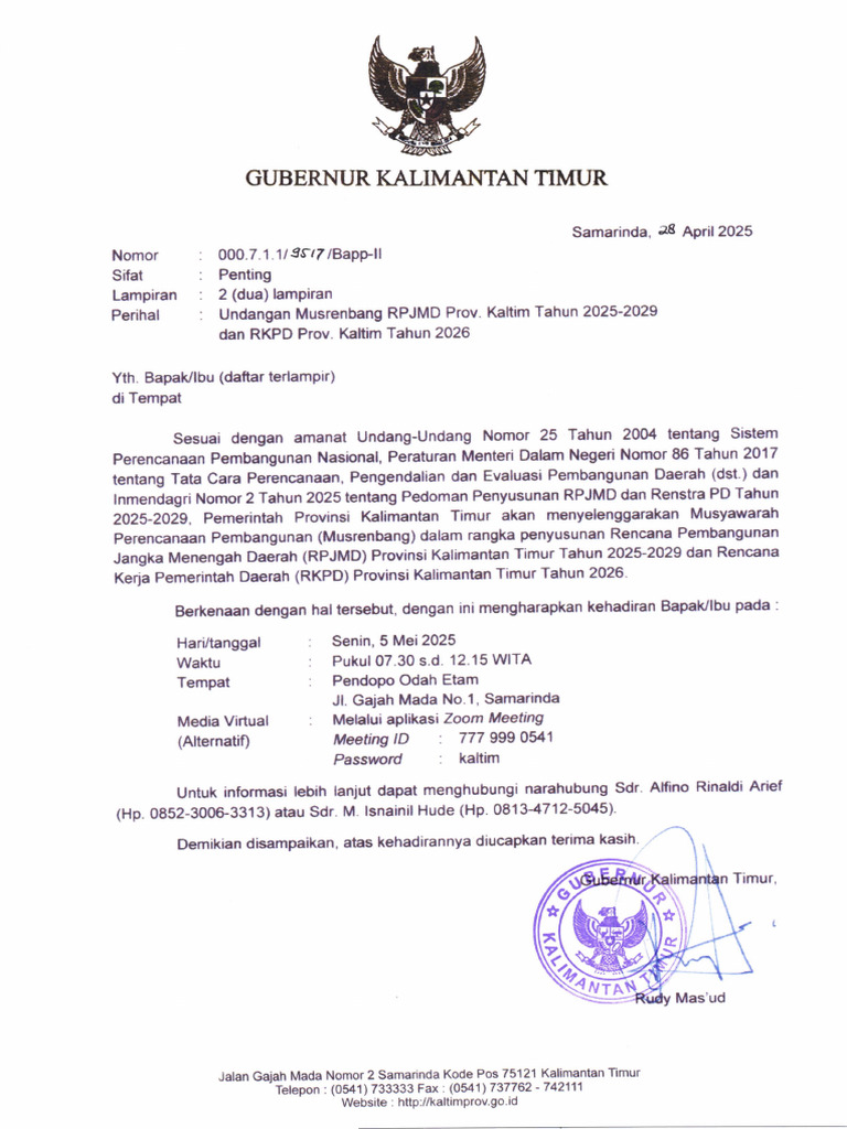 Undangan Musrenbang RPJMD Kaltim 2025-2029 | PDF