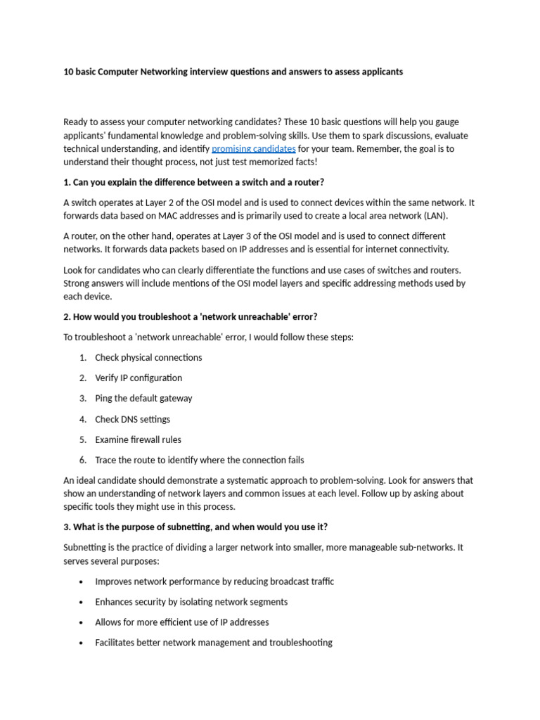 10 Basic Computer Networking Interview Questions and Answers to Assess Applicants | PDF ...