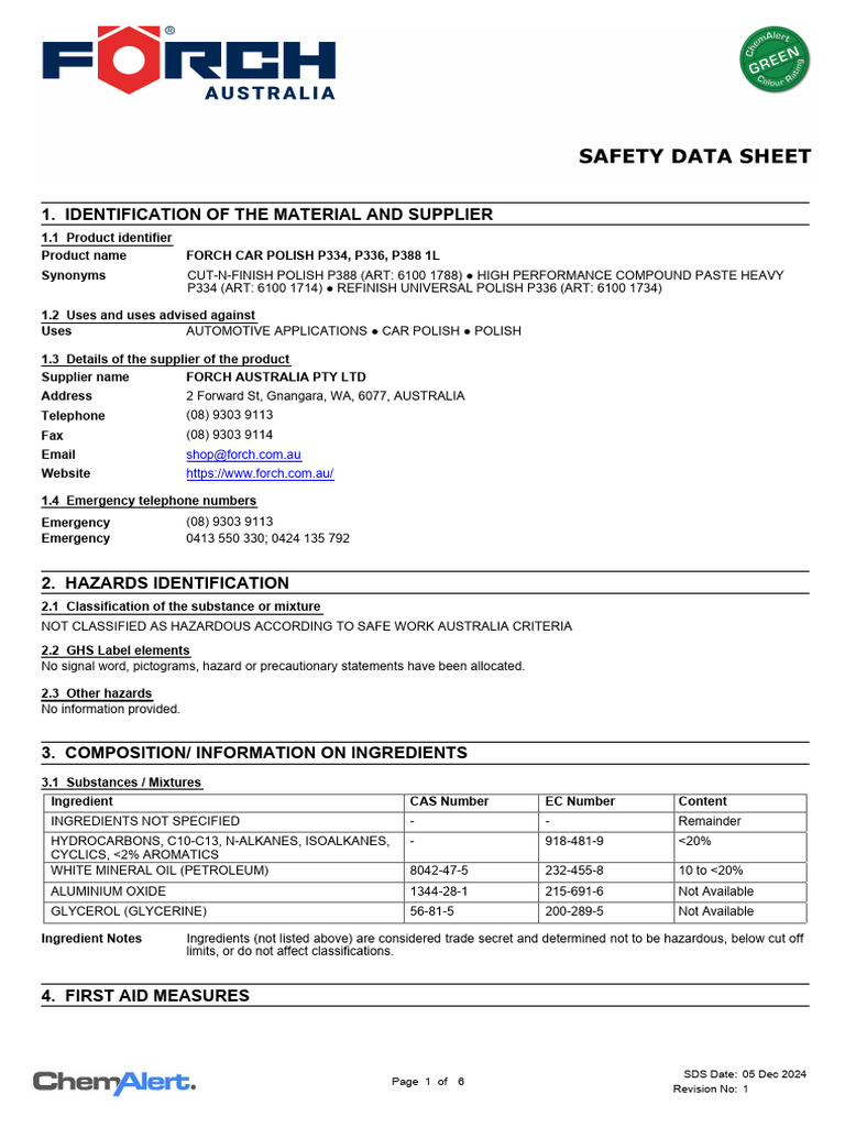 Forch Car Polish SDS Overview | PDF | Occupational Safety And Health ...