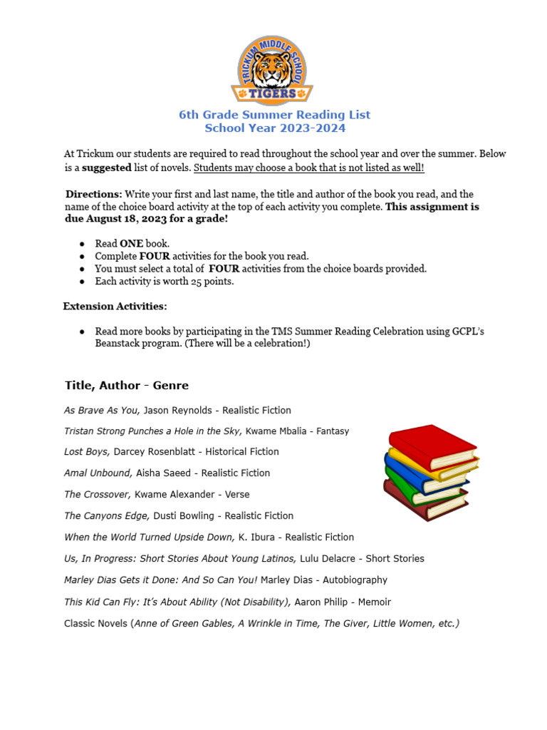 2023-24 6th Grade Summer Reading | PDF