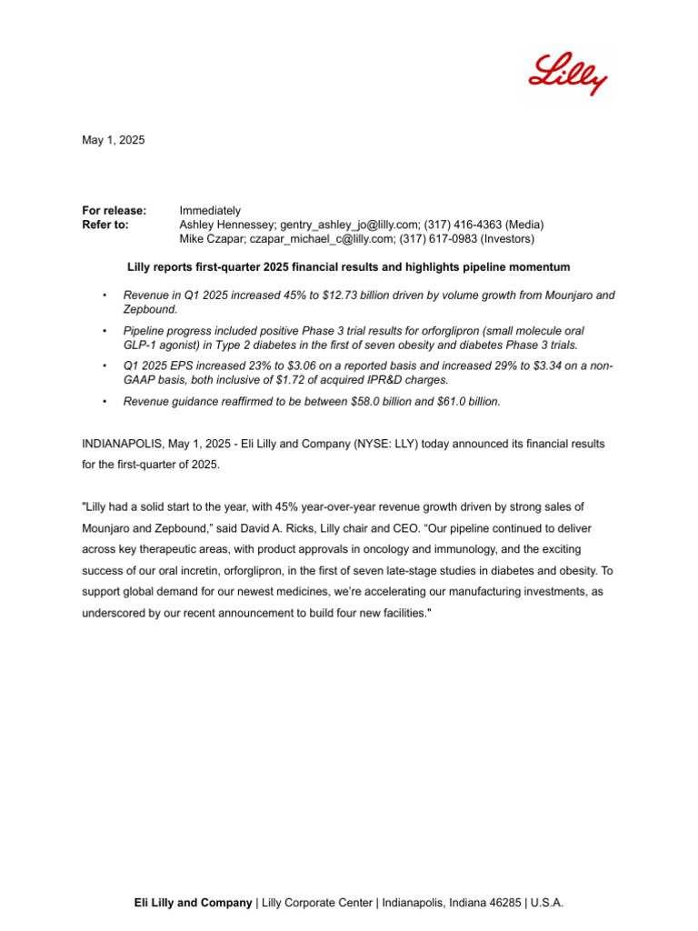 Q1 2025 Lilly Press Release | PDF | Intangible Asset | Gross Margin