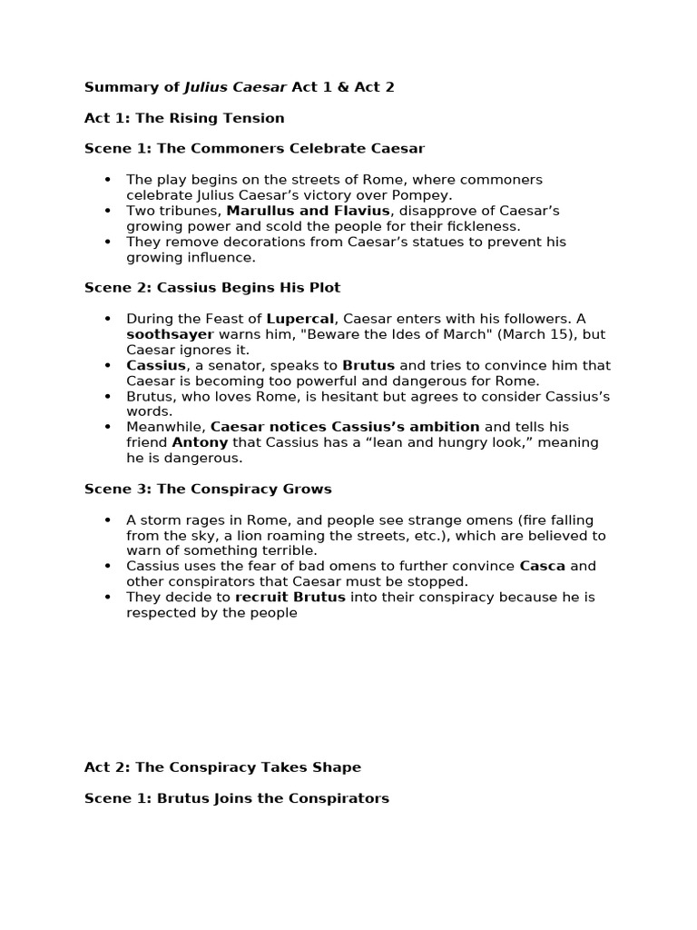 Summary of Julius Caesar Act 1 and 2 | PDF | Julius Caesar | Ancient Romans