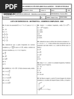 Lista de Exercícios de Matemática - Números Complexos (Final) | PDF