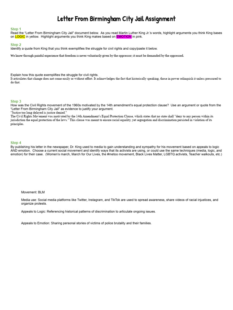 Letter From Birmingham City Jail Assignment | PDF | Martin Luther King ...