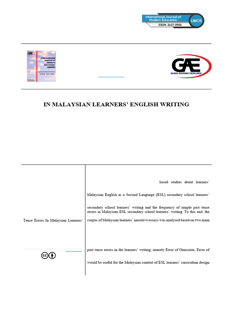 A Corpus-Based Study of Simple Past Tense Errors in Malaysian Learners' English Writing | PDF ...