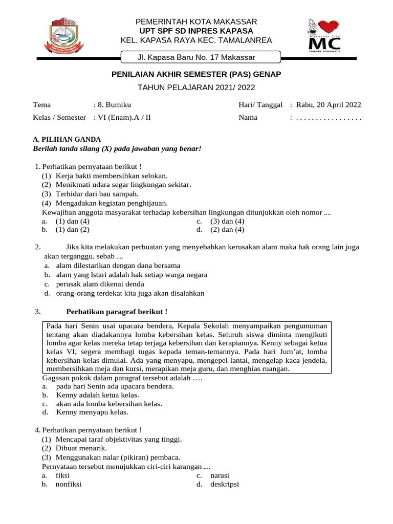 Soal Pas Kelas 6 Tema 8 2022 | PDF