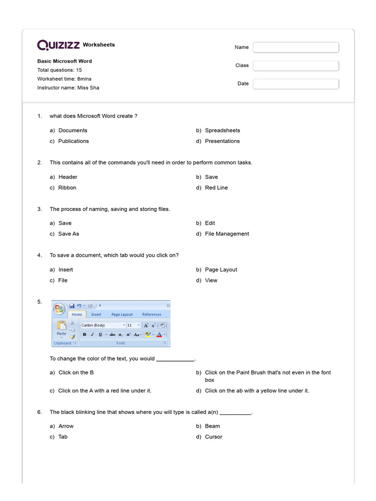 Basic Microsoft Word - Quizizz | PDF | Microsoft Word | Software