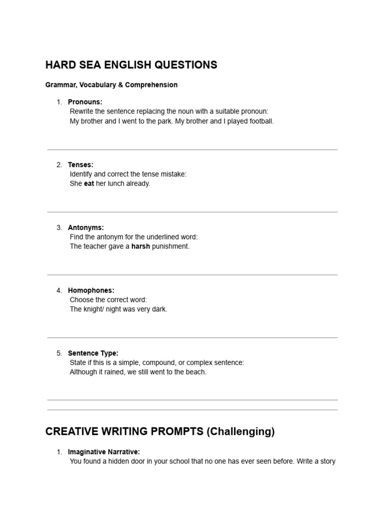 Hard Sea English Questions | PDF