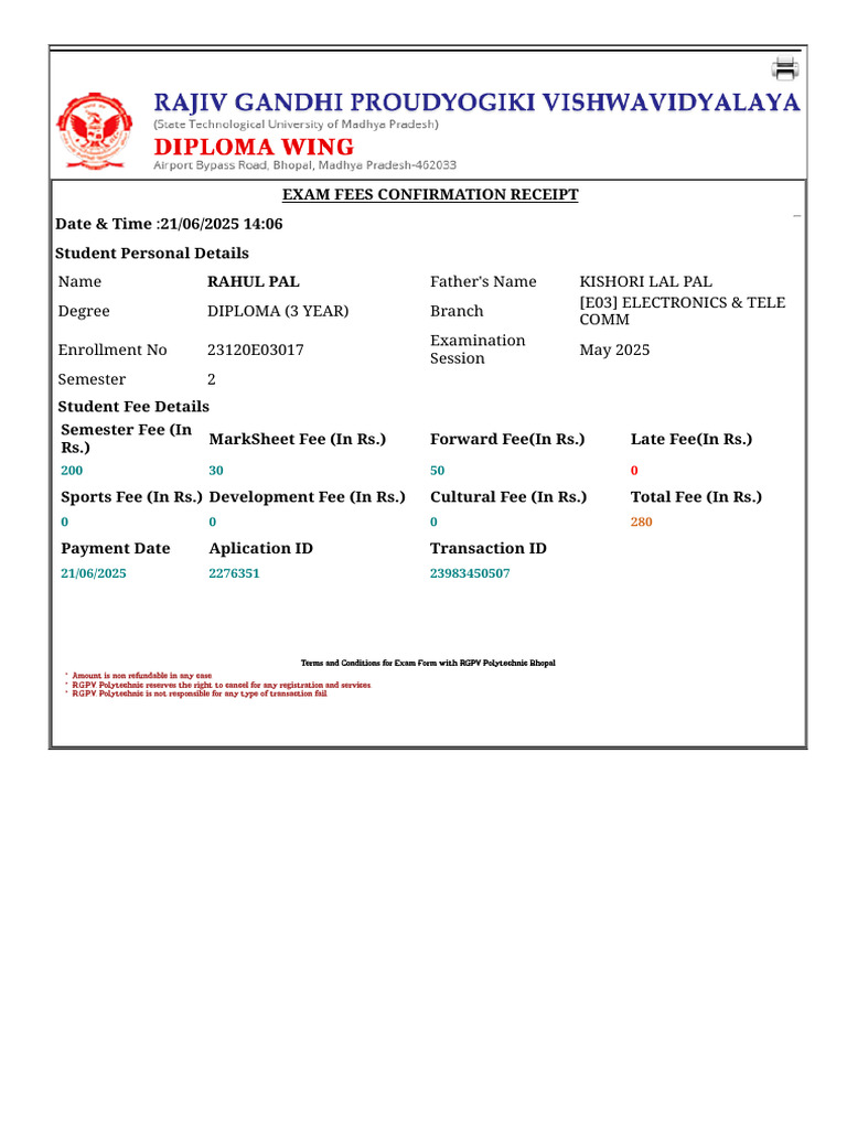 Terms and Conditions For Exam Form With RGPV Polytechnic Bhopal | PDF