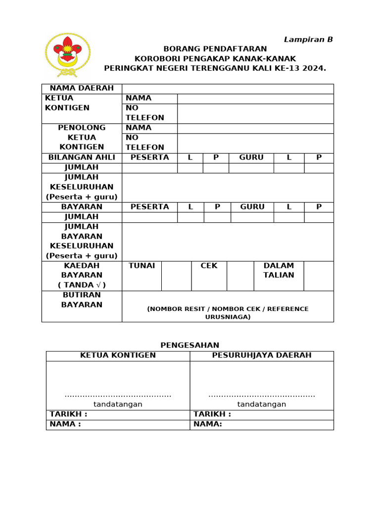 Borang Pendaftaran Kontinjen Daerah (Lampiran B) | PDF