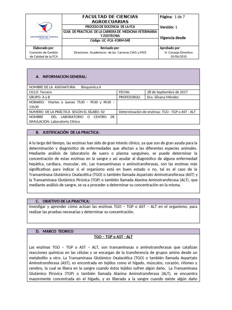 Guia de Practica TGO y TGP | PDF | Transaminasa | Alanina transaminasa