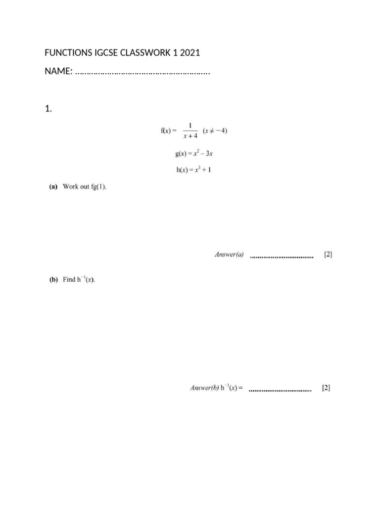 Functions Igcse Classwork 1 2021 | PDF