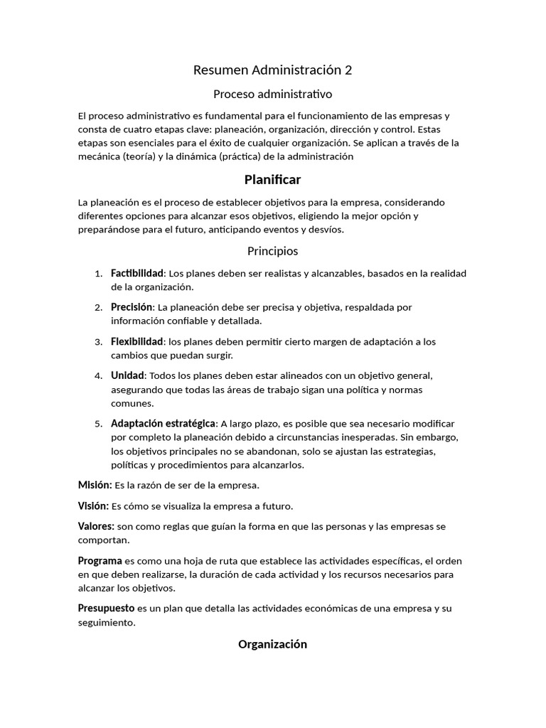 Resumen Administración 2 | PDF | Planificación | Planificación estratégica