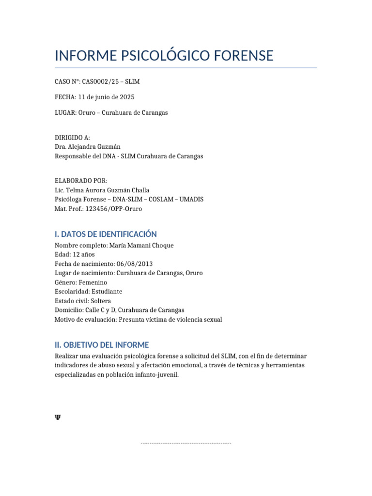 Informe Psicológico Forense: Caso SLIM | PDF