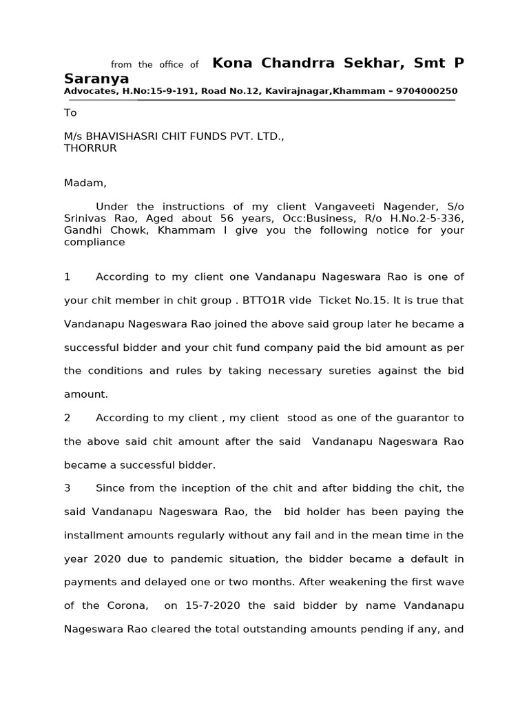 Legal Notice To Bhavithasri Chit Funds PVT LTD by Vangaveeti Nagender ...