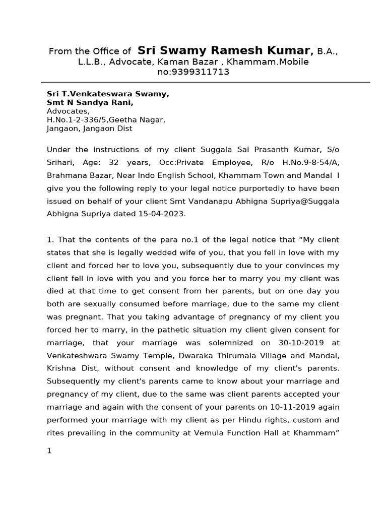 Reply To Legal Notice of Sai Prasanth Kumar | PDF | Marriage | Divorce