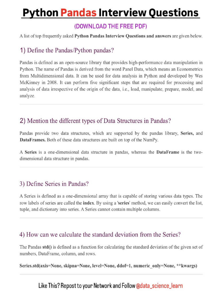 Python Pandas Interview Questions And Answers Cheatsheet Pdf
