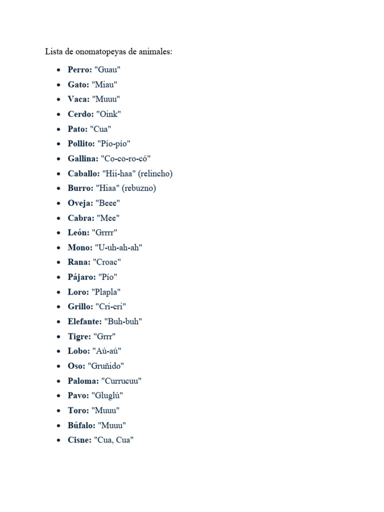 Lista de Onomatopeyas de Animales | PDF