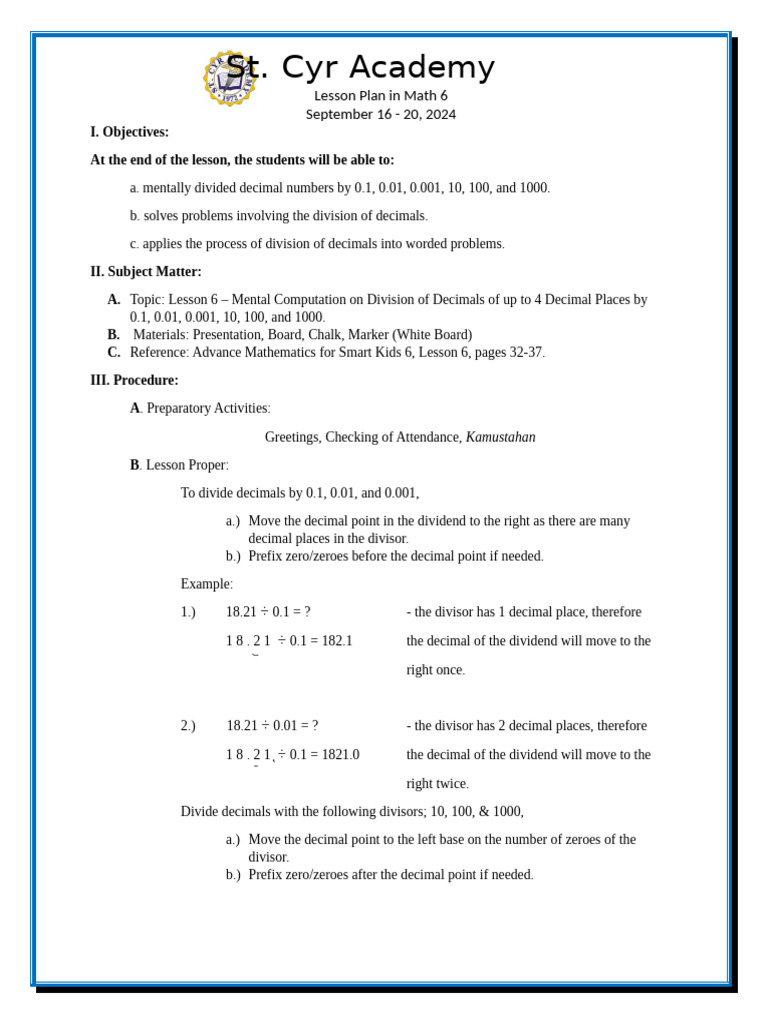 Math 6 Lesson 6 (September 16-20, 2024) | PDF | Division (Mathematics ...
