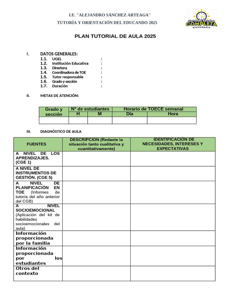 Formato de Plan Tutorial de Aula 2024 | PDF | Aprendizaje