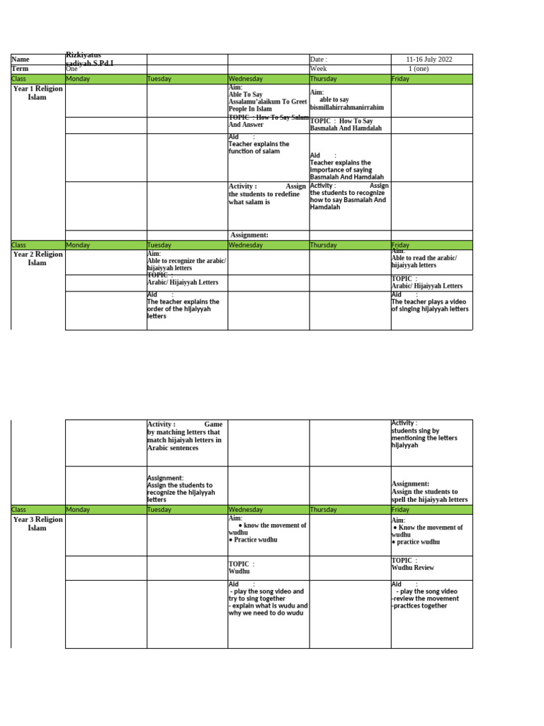 Lesson Plan Religius Islam | PDF