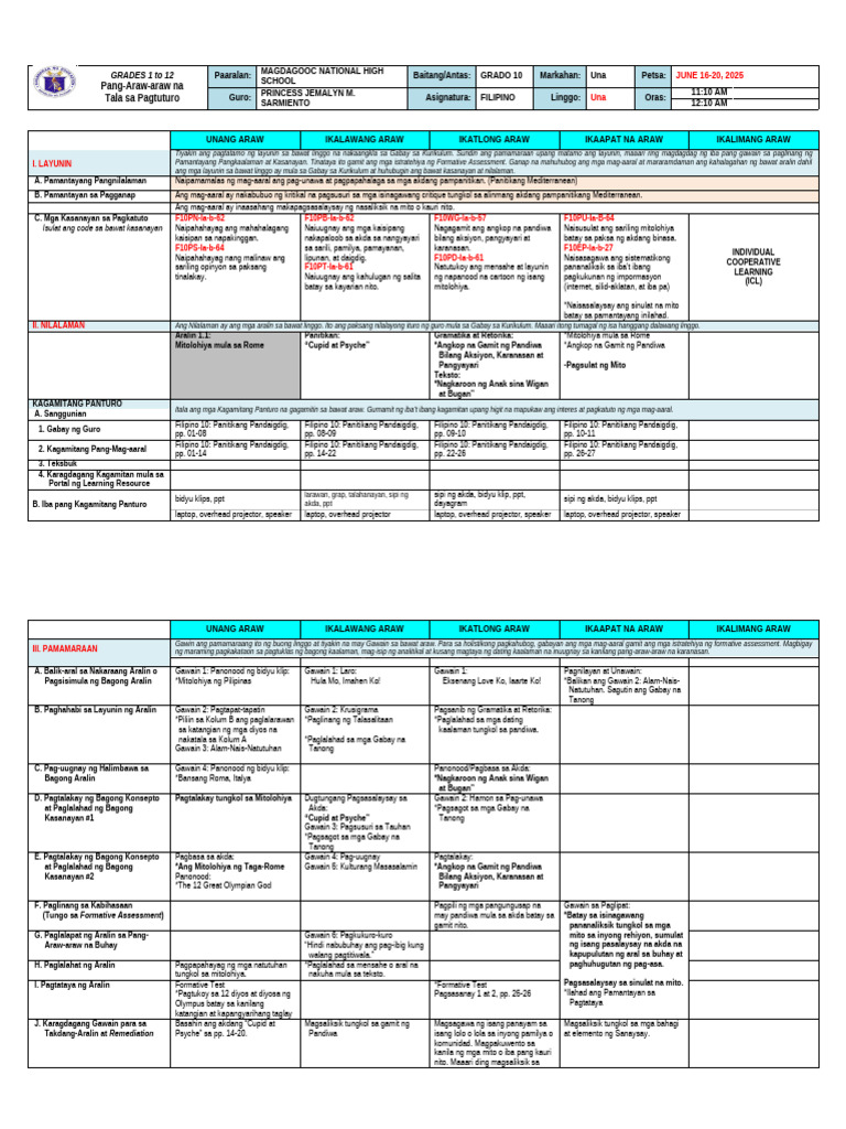 DLL in Filipino 10 Aralin 1 | PDF