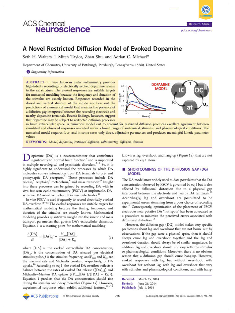 Shu Et Al 2014 A Novel Restricted Diffusion Model of Evoked Dopamine | PDF | Dopamine | Brain