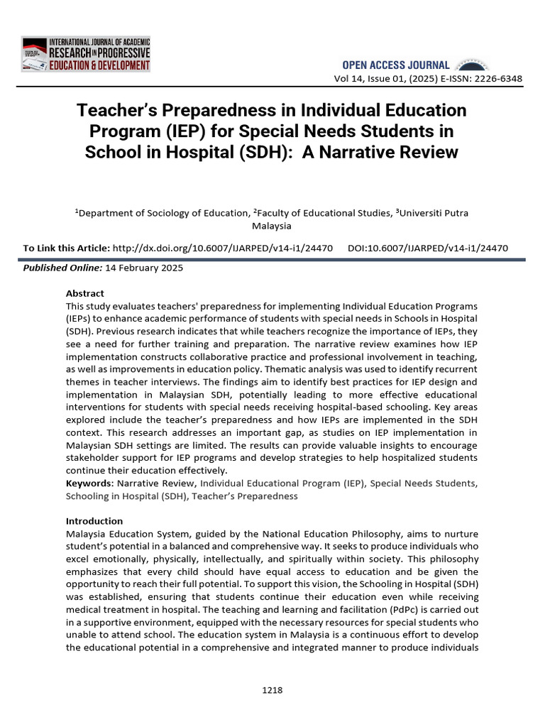 Teacher's Preparedness in Individual Education Program (Iep) For ...