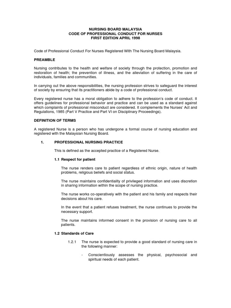 MNB - Code of Prof Conduct | PDF | Nursing | Patient