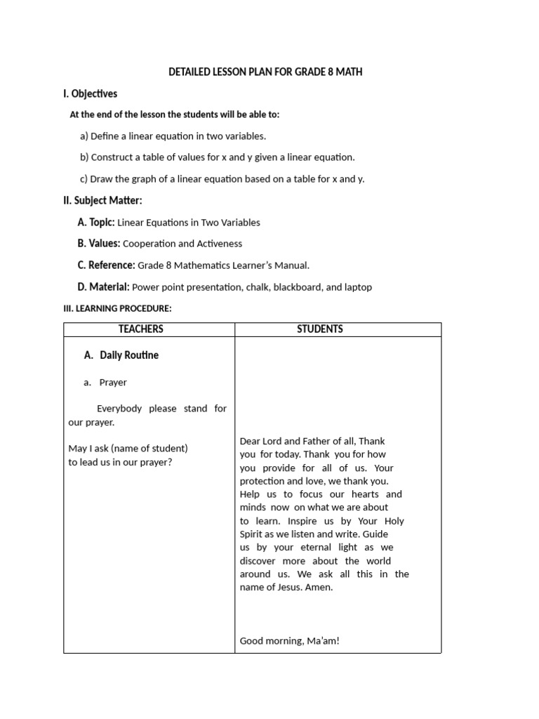 Detailed Lesson Plan For Grade 8 Math | PDF | Cartesian Coordinate ...