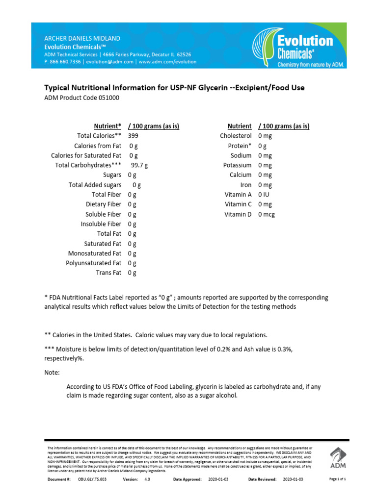 Glycerin USP-NF Nutritional | PDF | Nutrition Facts Label | Fat