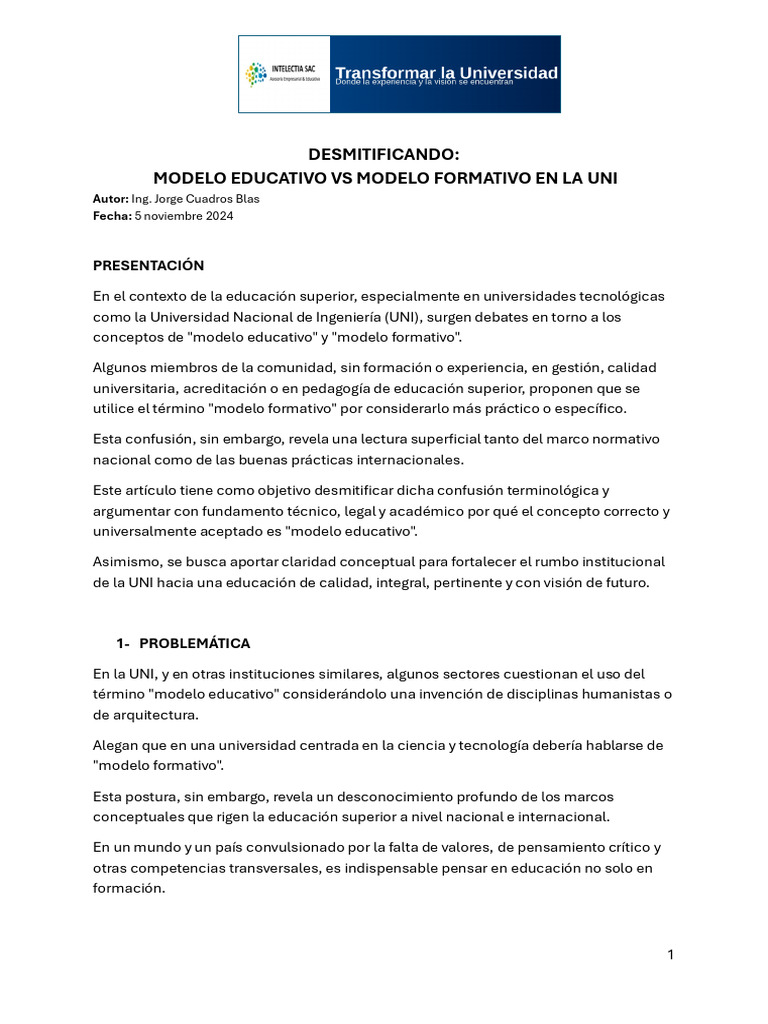 Desmitificando Modelo Formativo Vs Modelo Educativo en La UNI | PDF ...