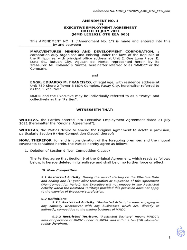 AMENDMENT NO. 1 - Executive Employment Contract EMF - 2025.06.20 RTC SSTrev | PDF | Government ...