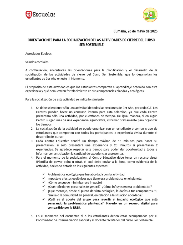 Orientaciones para Cierre de Actividad Ser Sostenible - III Momento | PDF | Aprendizaje