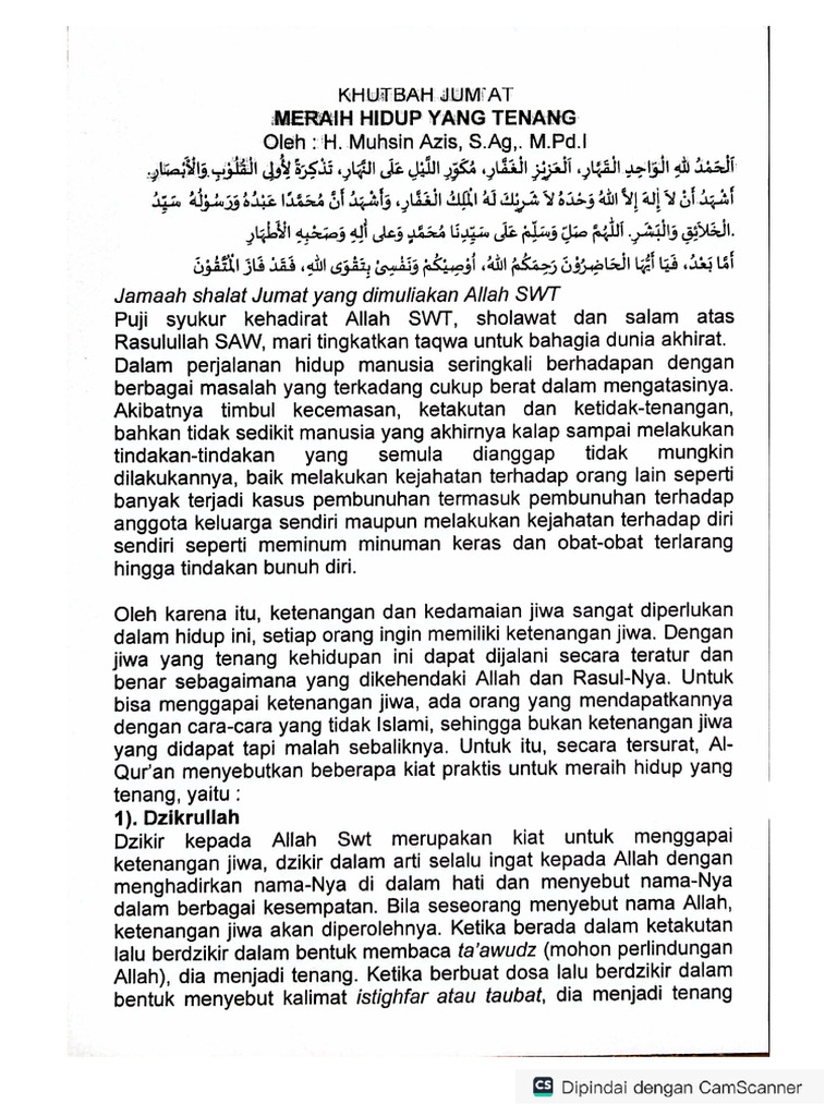 Khutbah Jum'at TTG Meraih Hidup Yang Tenang | PDF