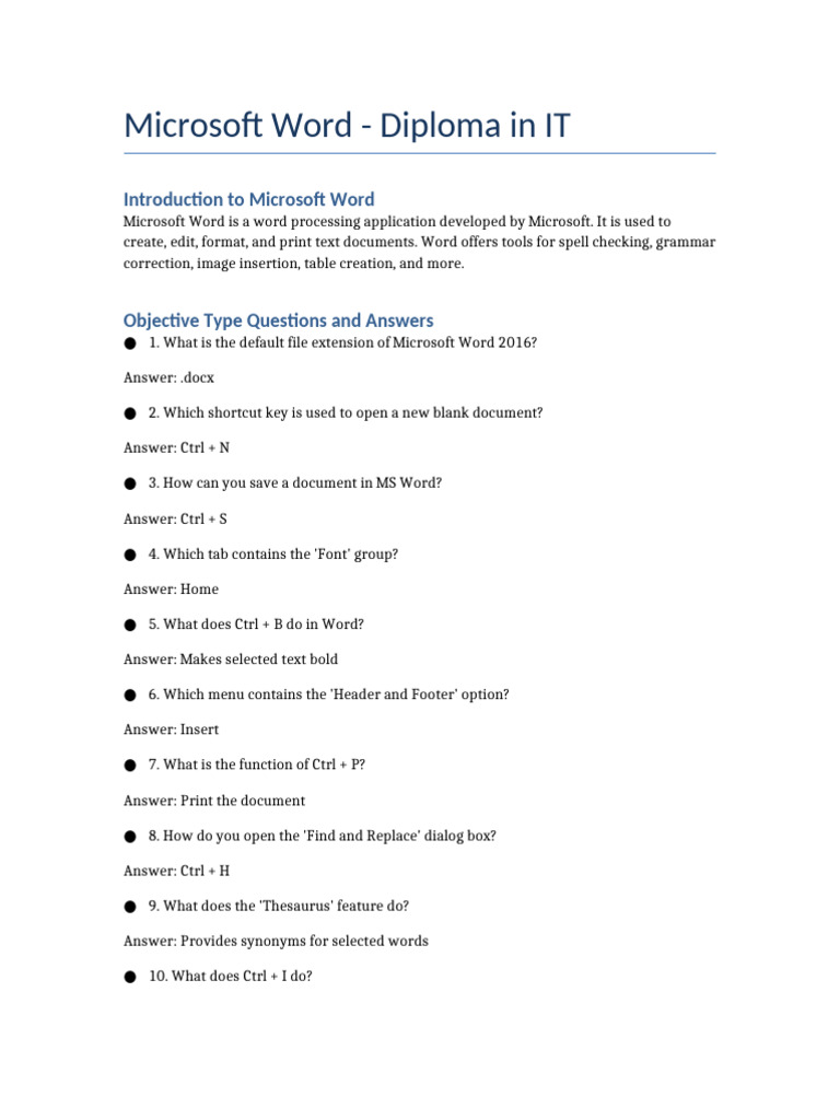MS Word Diploma IT Objectives | PDF